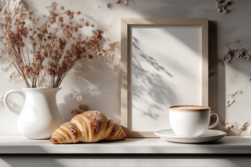 White Minimal Frame Over Breakfast Table, Croissants and Coffee in Warm ...