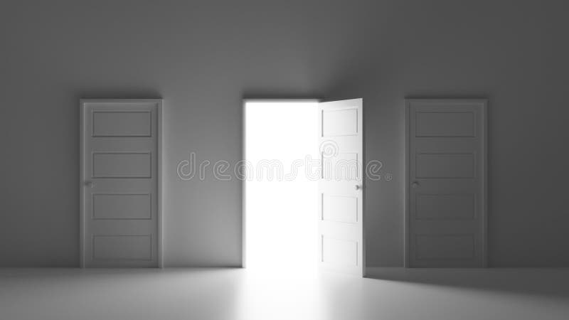White Minimal Open Door and Bright Light between Two Closed Door 3D ...