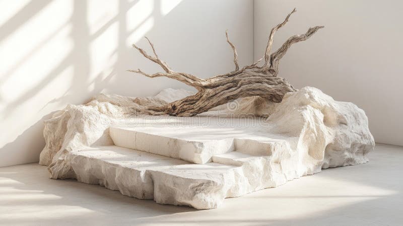 White Minimalist Abstract Still Life with Tree Branch and Rocks Stock ...