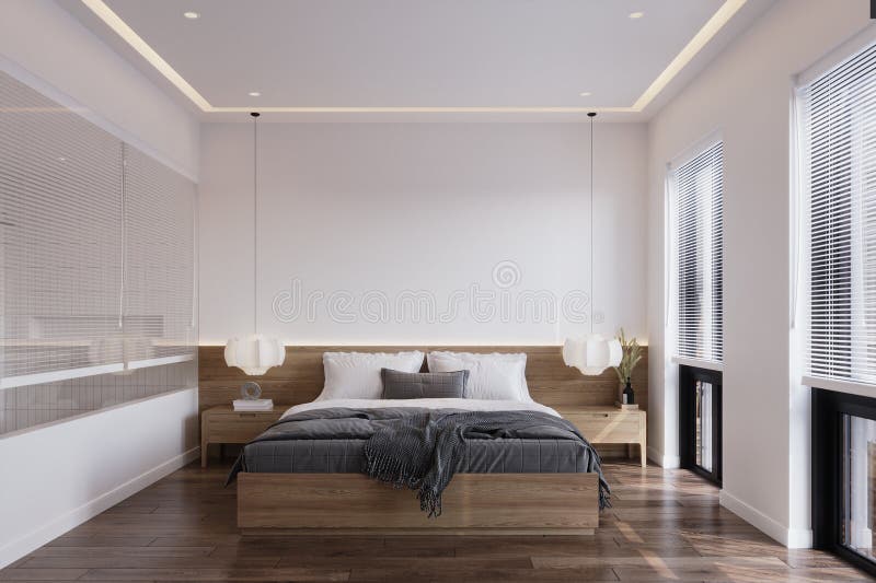 White Minimalist Bedroom Interior with Wooden Bed, Console Table beside ...