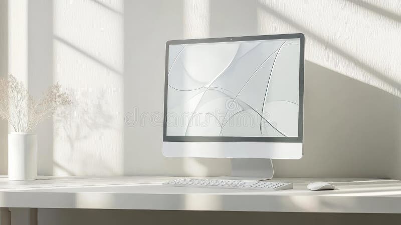 White Minimalist Desktop with Abstract Lines on Computer Screen Stock ...