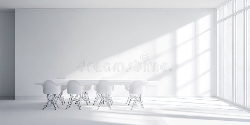 White Minimalist Dining Room: Hanging Lights and Empty Table, Shadow Play and Clean Lines, a ...