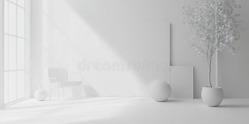 White Minimalist Dining Room: Hanging Lights and Empty Table, Shadow ...