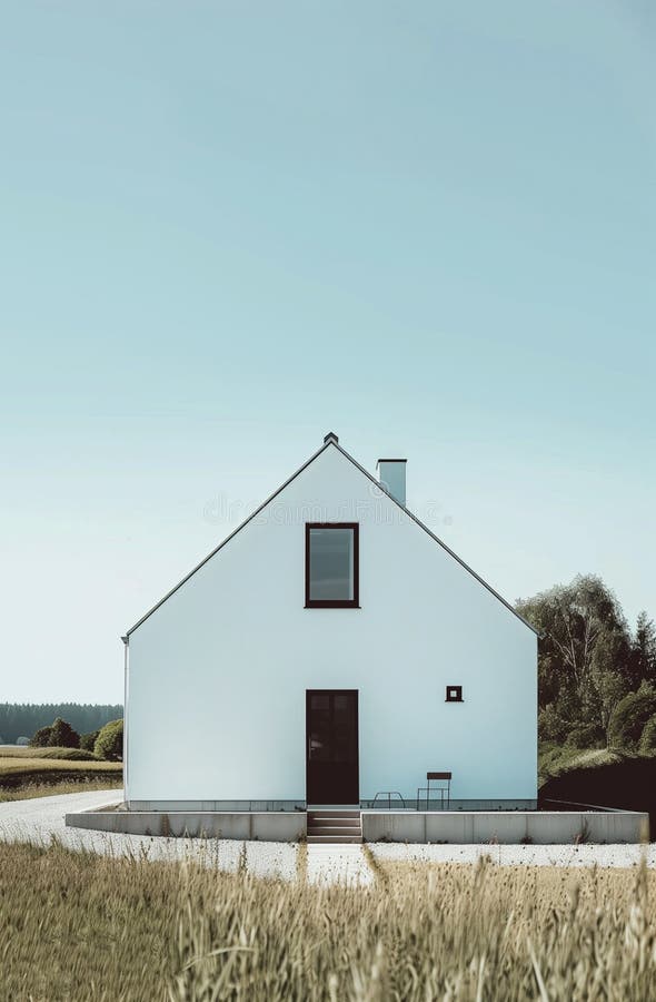 White Minimalist House with Gable Roof, Two Small Windows on the Side ...