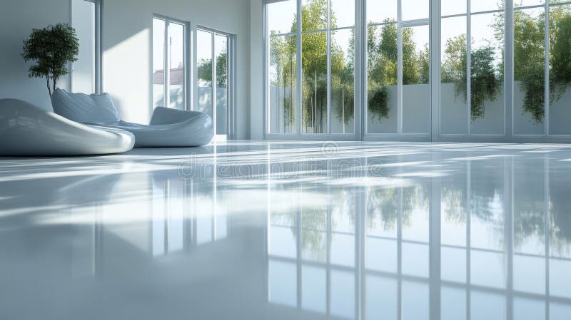 White Minimalist Living Room with Reflective Floor and Large Windows ...