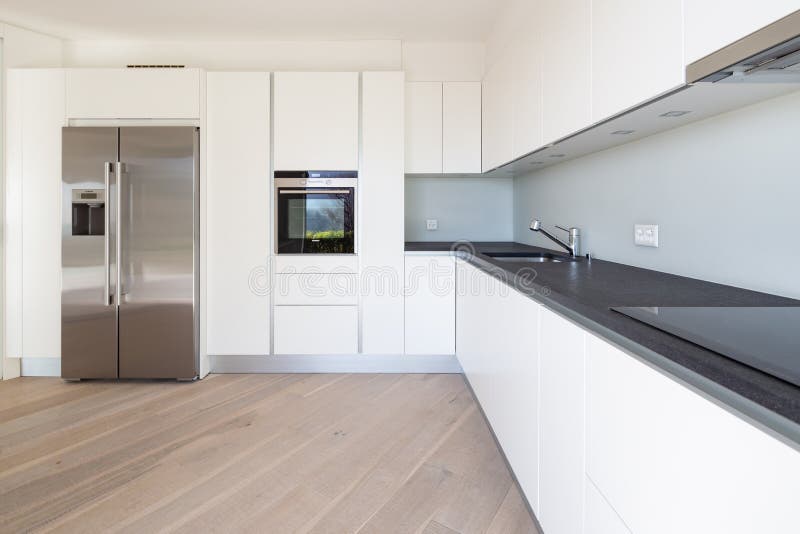 White Minimalist Modern Kitchen, Front View Stock Image - Image of view ...
