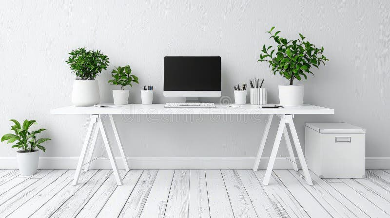 White Minimalist Office Desk with Potted Plants and Computer Stock ...