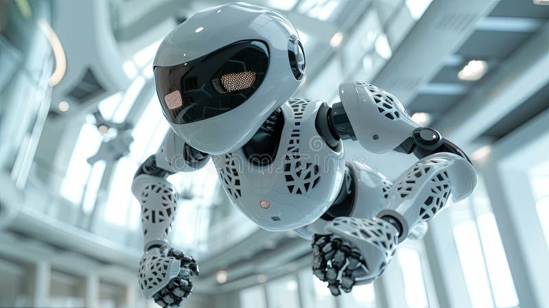 Futuristic White Professor Robot Floating in a Science Lab Stock ...