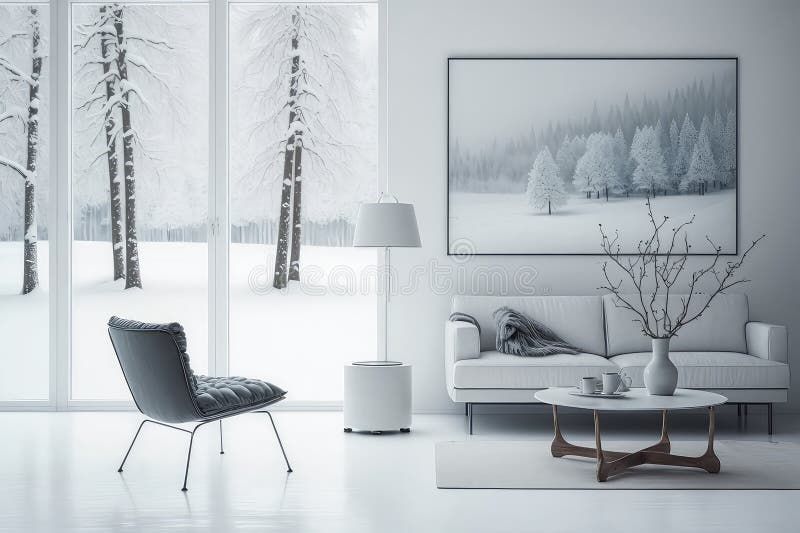 White Minimalistic Interior with a Winter Landscape Outside the Window ...