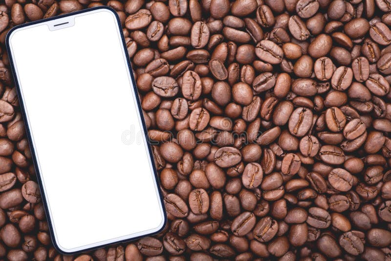 White Mobile Cell Phone with Blank Screen on Roasted Coffee Stock Photo ...