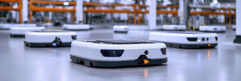 White Mobile Robots Operating in Sleek Industrial Space Stock ...
