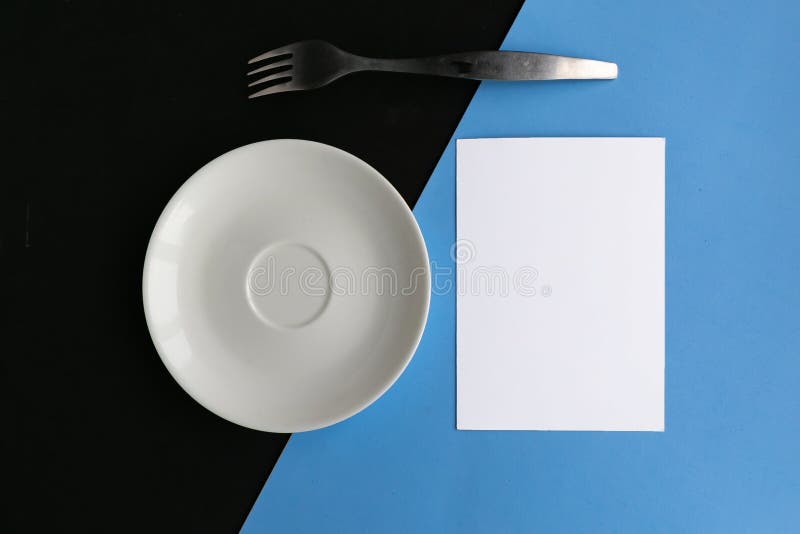 White Mockup Plate, Blank and Fork on Blue and Black Geometric ...