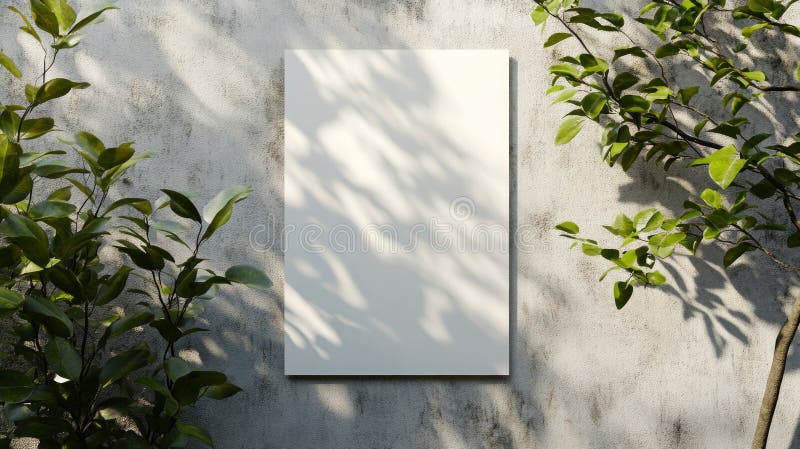 White Mockup Poster on Weathered Wall with Green Plants Stock ...