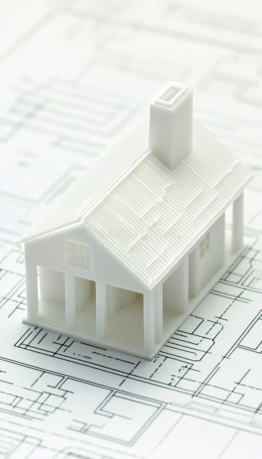 White Model House on Architectural Blueprint. Construction, Real Estate ...