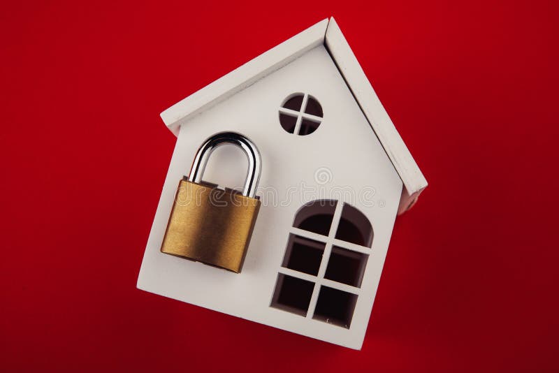 White Model of House with Lock Shut Off on Red Background. Alarm and ...