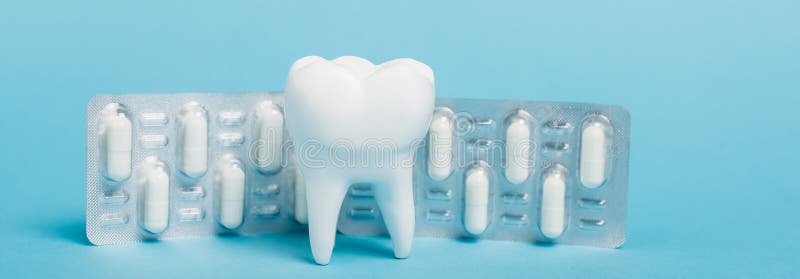 White Model of Tooth an Blister with Pills on Blue Background, Banner ...