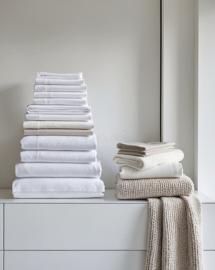 White Modern Cabinet Neatly Arranged with Stacked Linens and Throw ...