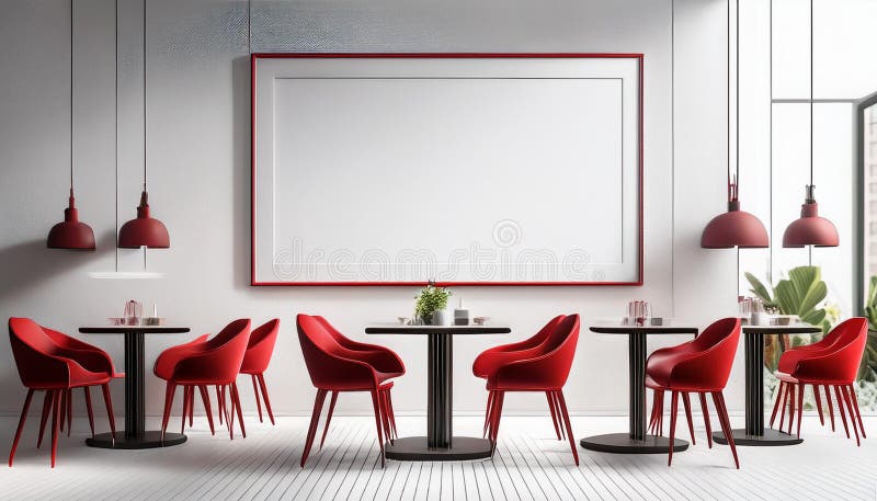 White Modern Cafe Interior with Red Chairs and Dining Tables. Mockup ...