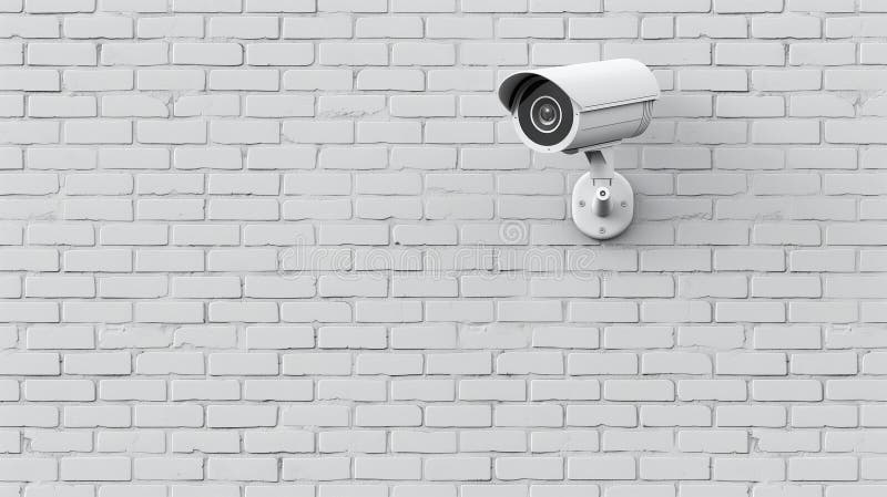 White Modern CCTV Camera Installed on a Brick White Wall. Empty Space ...
