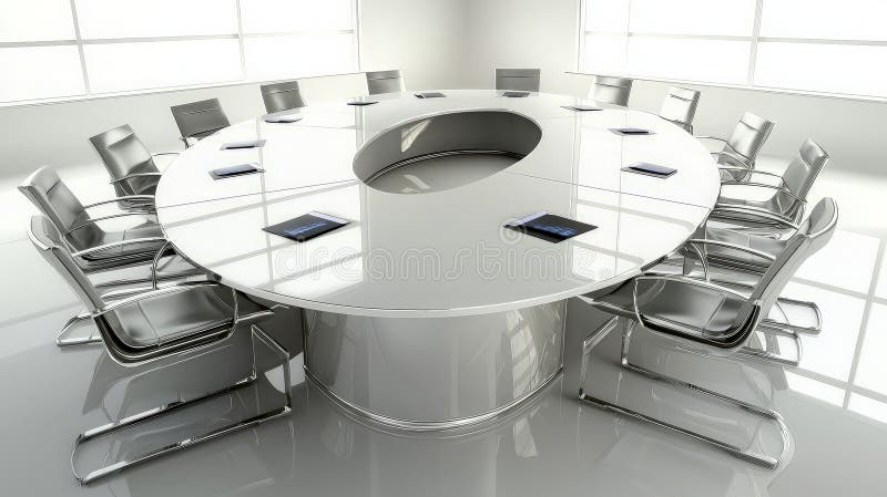 Modern White Conference Room with Round Table Stock Image - Image of ...