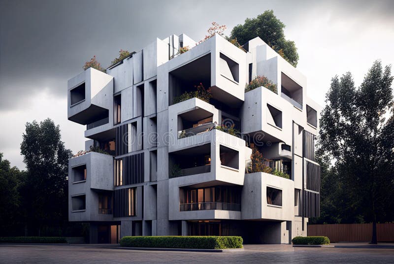White Modern Contemporary Design Building Concrete with Tree Real ...