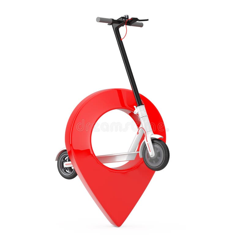 White Modern Eco Electric Kick Scooter with Red Map Pointer Pin. 3d ...
