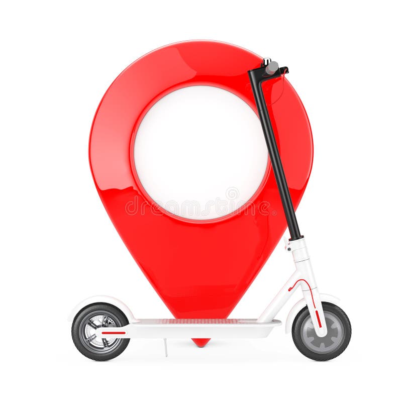 White Modern Eco Electric Kick Scooter with Red Map Pointer Pin. 3d ...