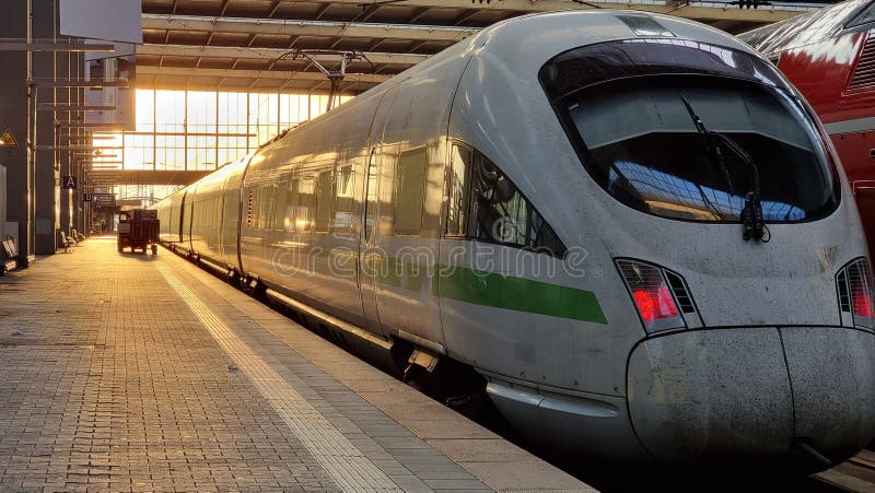 White Modern High Speed Train on Railway Station at Sunset. Stock Photo ...