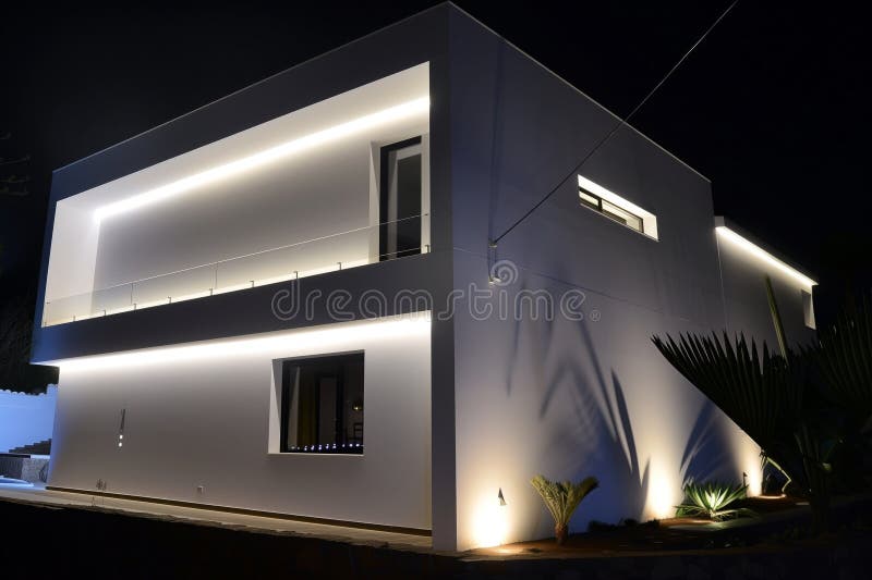 White Modern House Facade Lit by Exterior Led Strips Stock Image ...