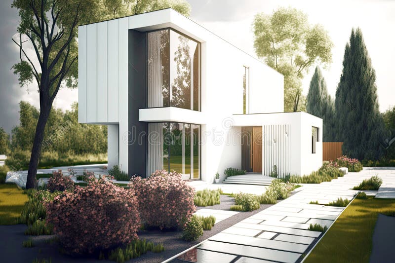 White Modern House with Geometric Design and Large Windows Stock ...