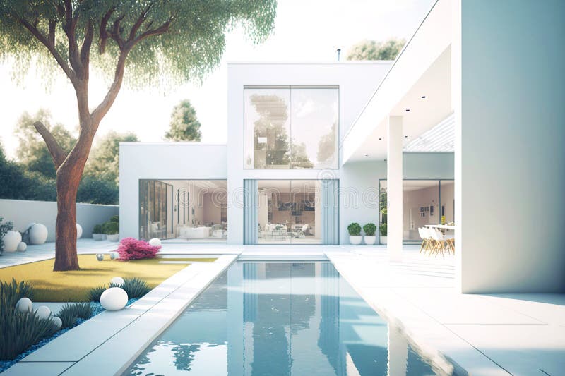 White Modern House with Panoramic Windows Overlooking Chic Pool Stock ...