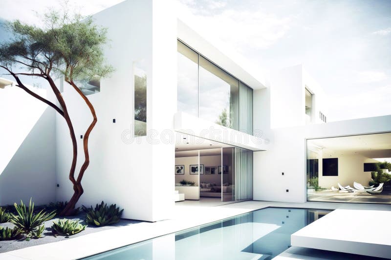 White Modern House with Panoramic Windows Overlooking Chic Pool Stock ...