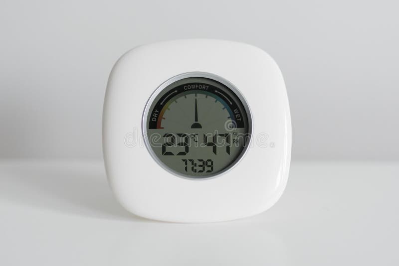 White Modern Hygrometr with Digital Display on Table Stock Image ...