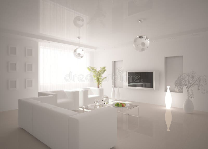 Interior of Modern White Living Room Rendering Stock Illustration ...