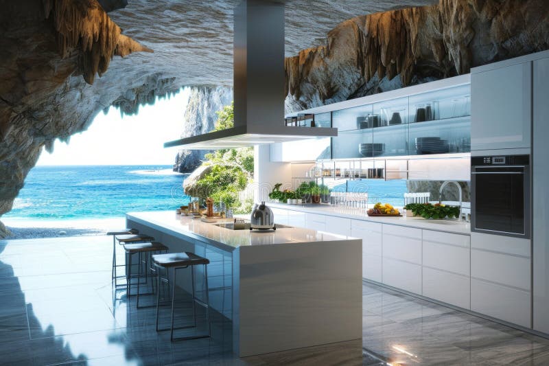 White Modern Kitchen in a Cave with Sea View Stock Illustration ...
