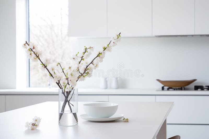 White Modern Kitchen Decorated for Spring. Minimalist Style. Generative ...