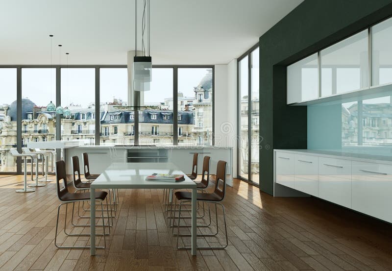 White Modern Kitchen in Loft with Big Windows Stock Illustration ...