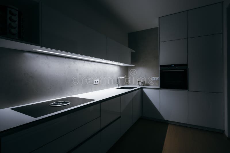 White Modern Kitchen in Night Light Stock Photo - Image of architecture ...