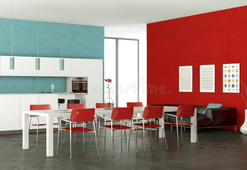 White Modern Kitchen with Red and Blue Walls Stock Illustration ...
