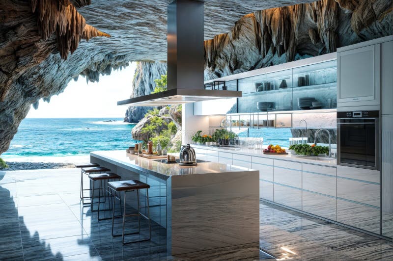White Modern Kitchen with Sea View in the Cave Stock Illustration ...