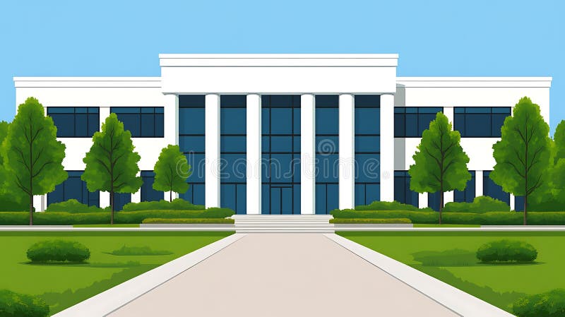 White Modern Office Building with Blue Windows and Green Landscaping ...