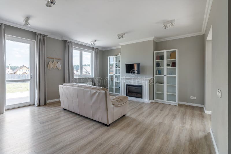 White, Modern Open Space with Wooden Furniture Set Stock Image - Image ...