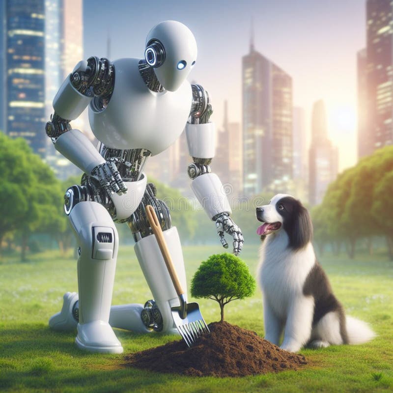 A White Modern Robot with Artificial Intelligence Interacting with a ...