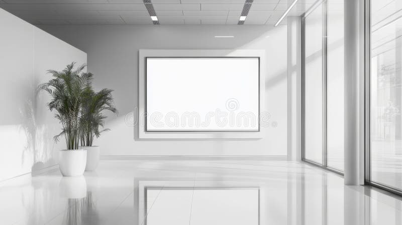 A White Modern Room with a Large Empty Frame and Plants Stock ...