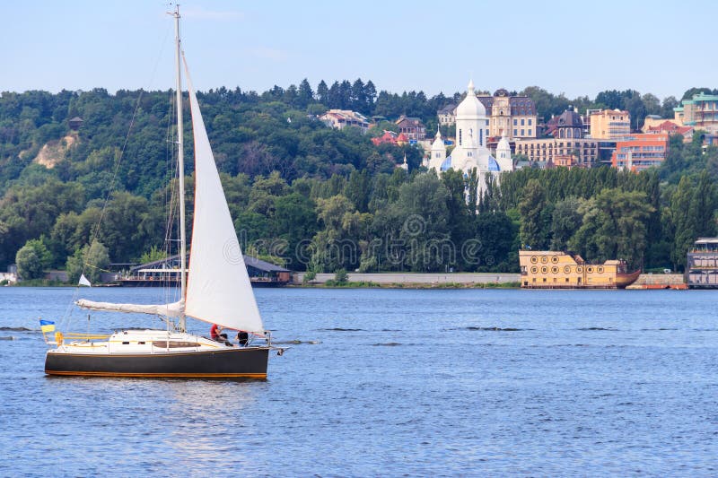 White Modern Sailboat Sailing on the Dnieper River in Kiev, Ukraine ...