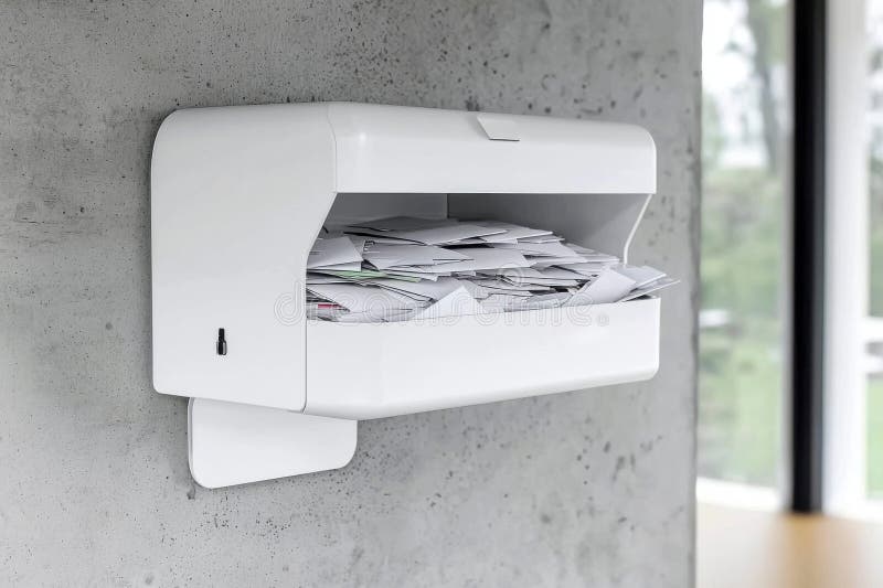 White Modern Wall Mounted Mailbox Overflowing with Mail on Concrete ...