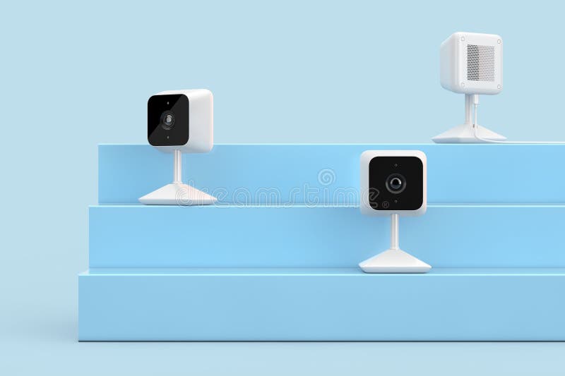 White Modern Web Cameras on a Blue Product Presentation Podium Cube. 3d ...