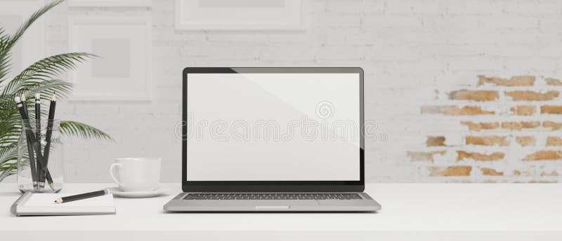 White-modern Working Space, Blank Screen Smart Tablet with Keyboard ...