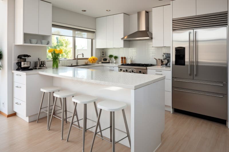 A White, Modular Kitchen with Stainless Steel Appliances and Bar Stools ...