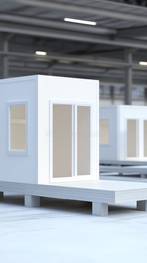 White Modular Prefab Building with Windows on a Platform Inside an ...